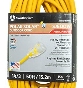 Coleman Cable 14880002 1488SW0002 14/3 Insulated Outdoor Extension Cord with Lighted End, 50-Foot, Feet, Yellow