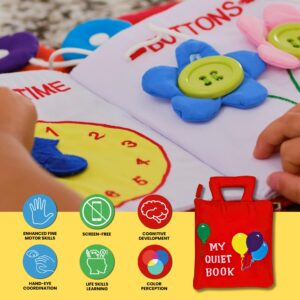 My Quiet Book by Pockets of Learning Montessori Basic Life Skills Activity Toy | Interactive Early Education Preschool Activity Busy Book for Toddlers & Children Soft Fabric Original Quiet Travel Book