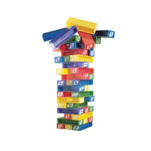 mattel games uno stackogame for kids and family with 45 colored stacking blocks, loading tray and instructions, makes a great gift for 7 year olds and up (43535)