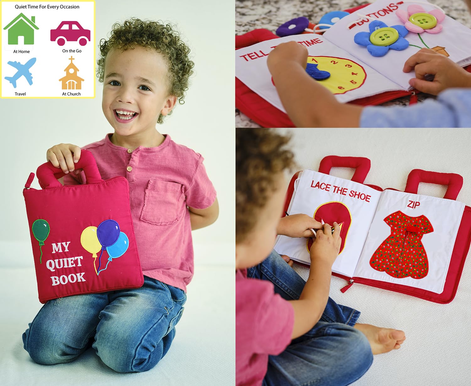 My Quiet Book by Pockets of Learning Montessori Basic Life Skills Activity Toy | Interactive Early Education Preschool Activity Busy Book for Toddlers & Children Soft Fabric Original Quiet Travel Book