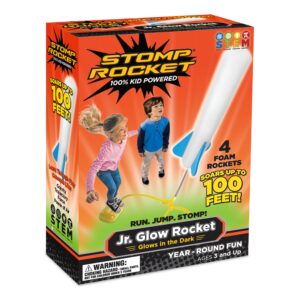 stomp rocket jr glow rocket launcher for kids - 4 glow-in-the-dark rockets - outdoor fun toy gift for boys & girls - stem soft foam blaster set soars up to 100 feet - ages 3 & up