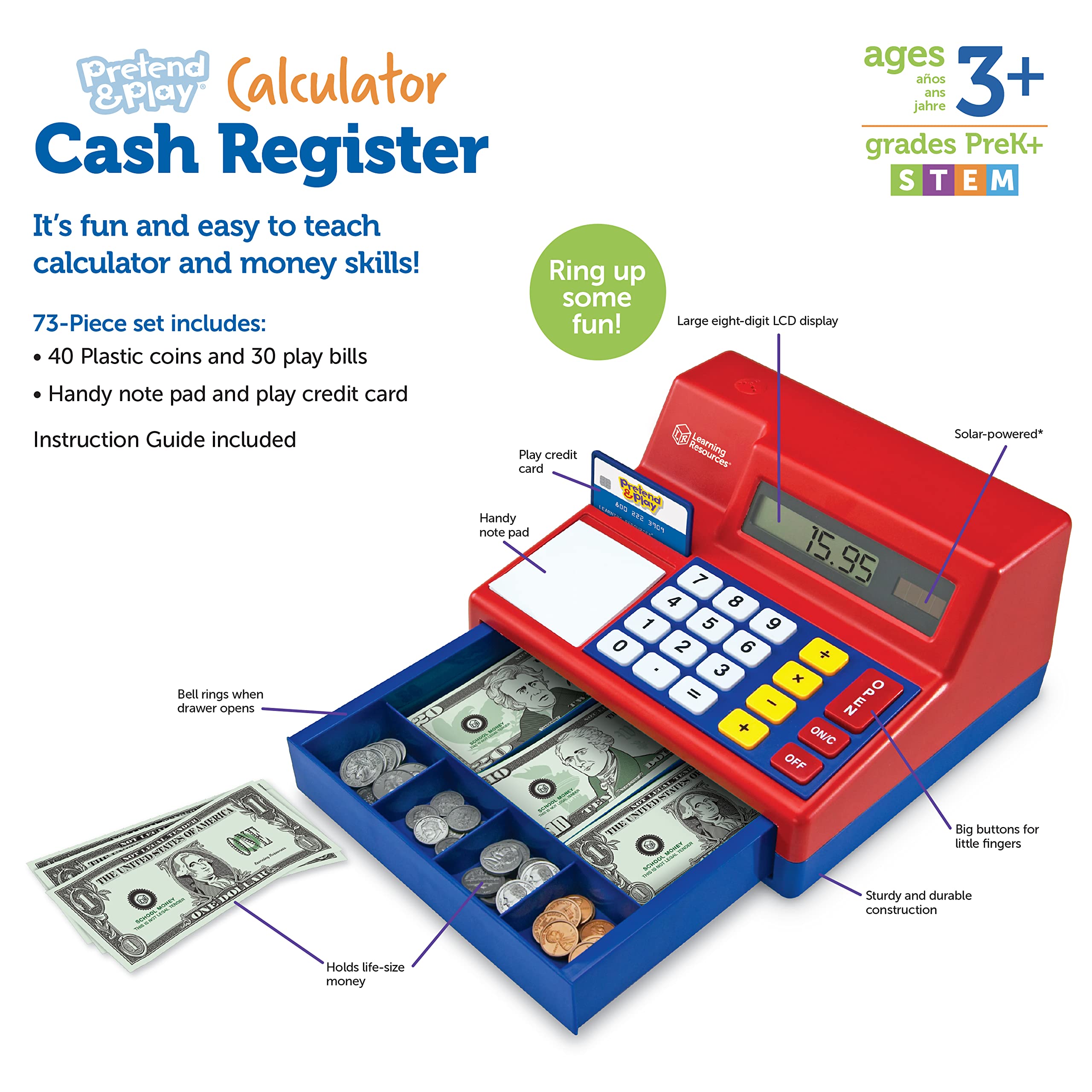 Learning Resources Pretend & Play Calculator Cash Register - 73 Pieces, Ages 3+ Develops Early Math Skills, Play Cash Register for Kids, Toy Cash Register, Play Money for Kids