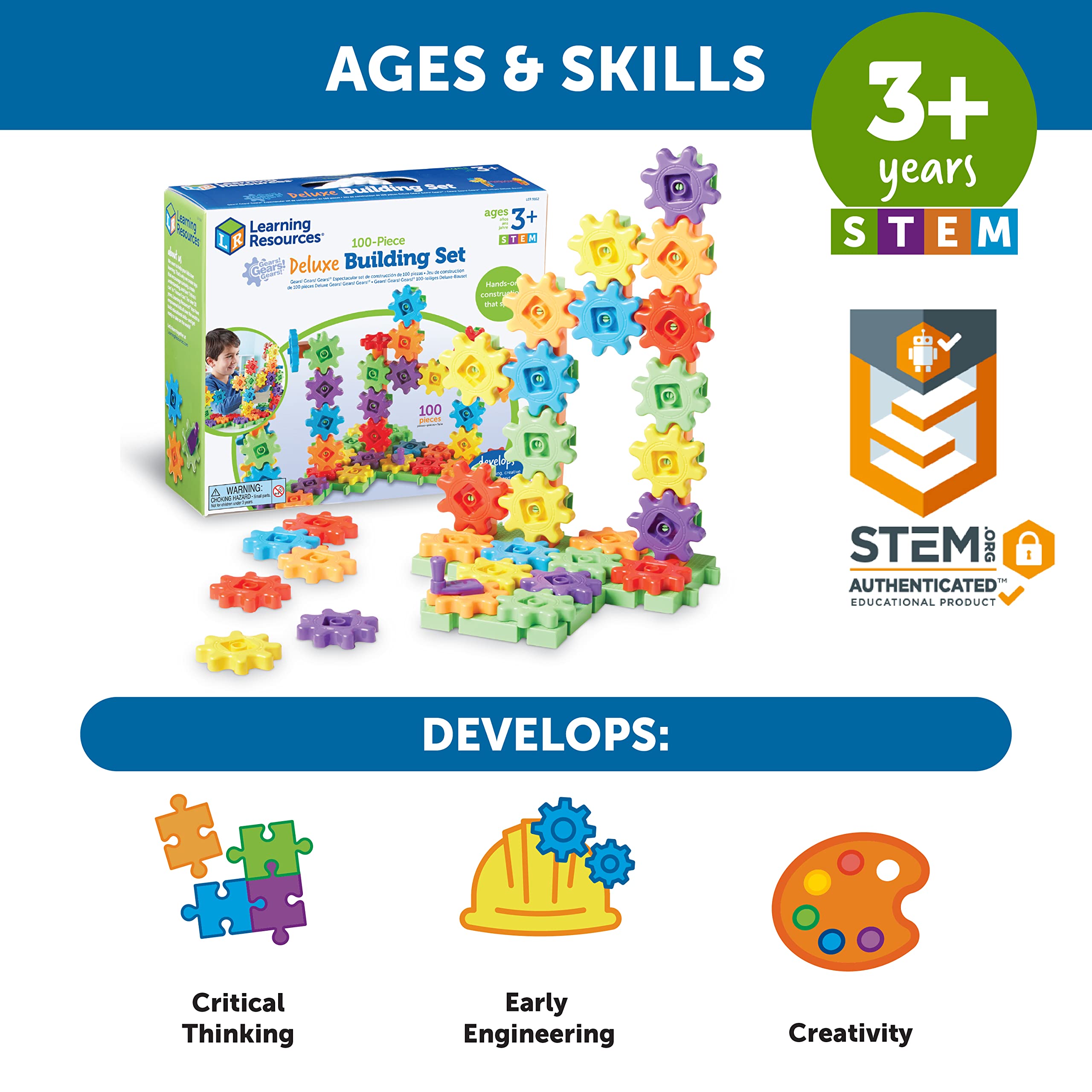 Learning Resources Gears! Gears! Gears! 100-Piece Deluxe Building Set - Ages 3+, Preschool Building Sets, Gears Toys for Kids, STEM Toys for Toddlers, Construction Toy Set