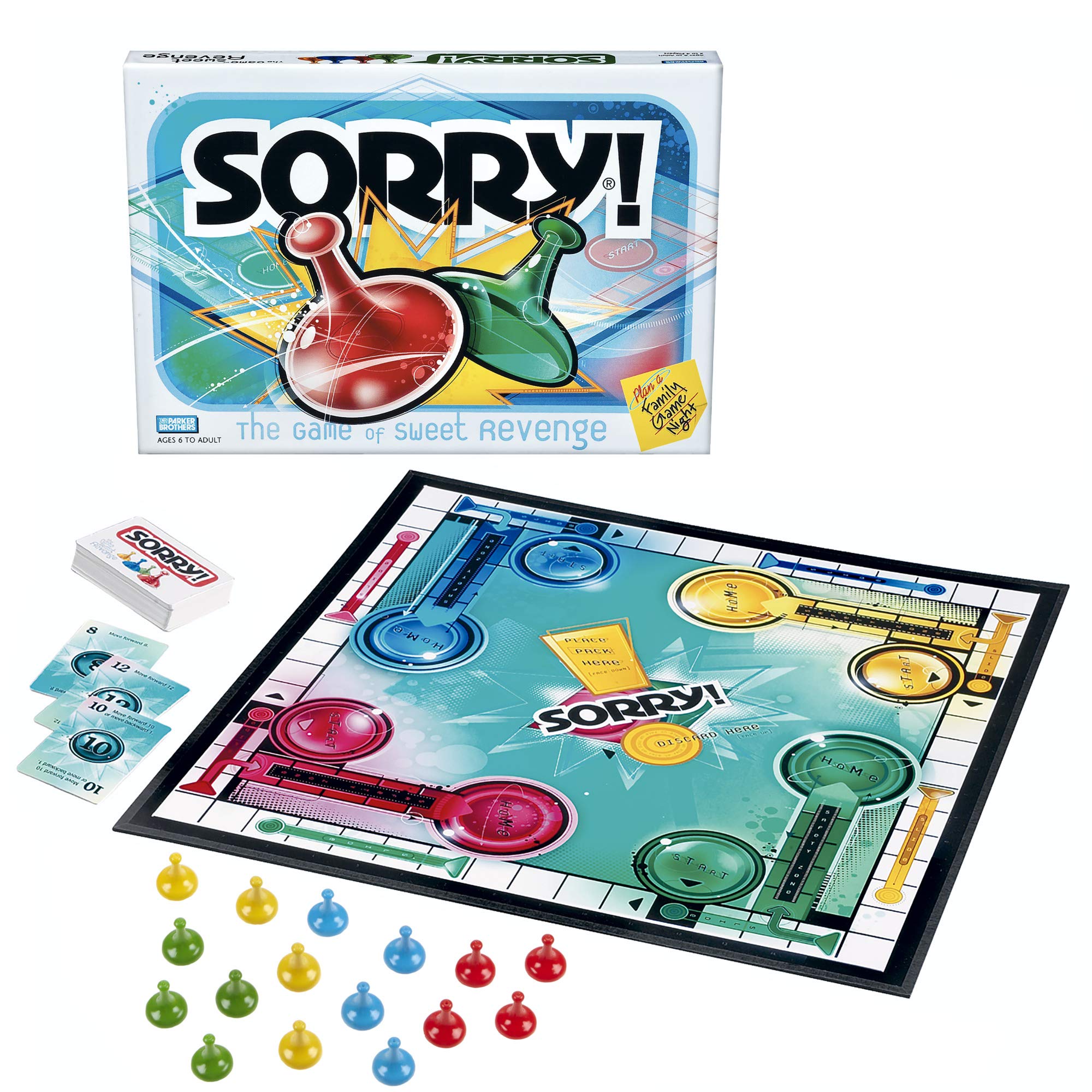 Sorry! Board Game for Kids Ages 6 and Up; Classic Hasbro Board Game; Each Player Gets 4 Pawns (Pawn Colors May Vary) – Amazon Exclusive