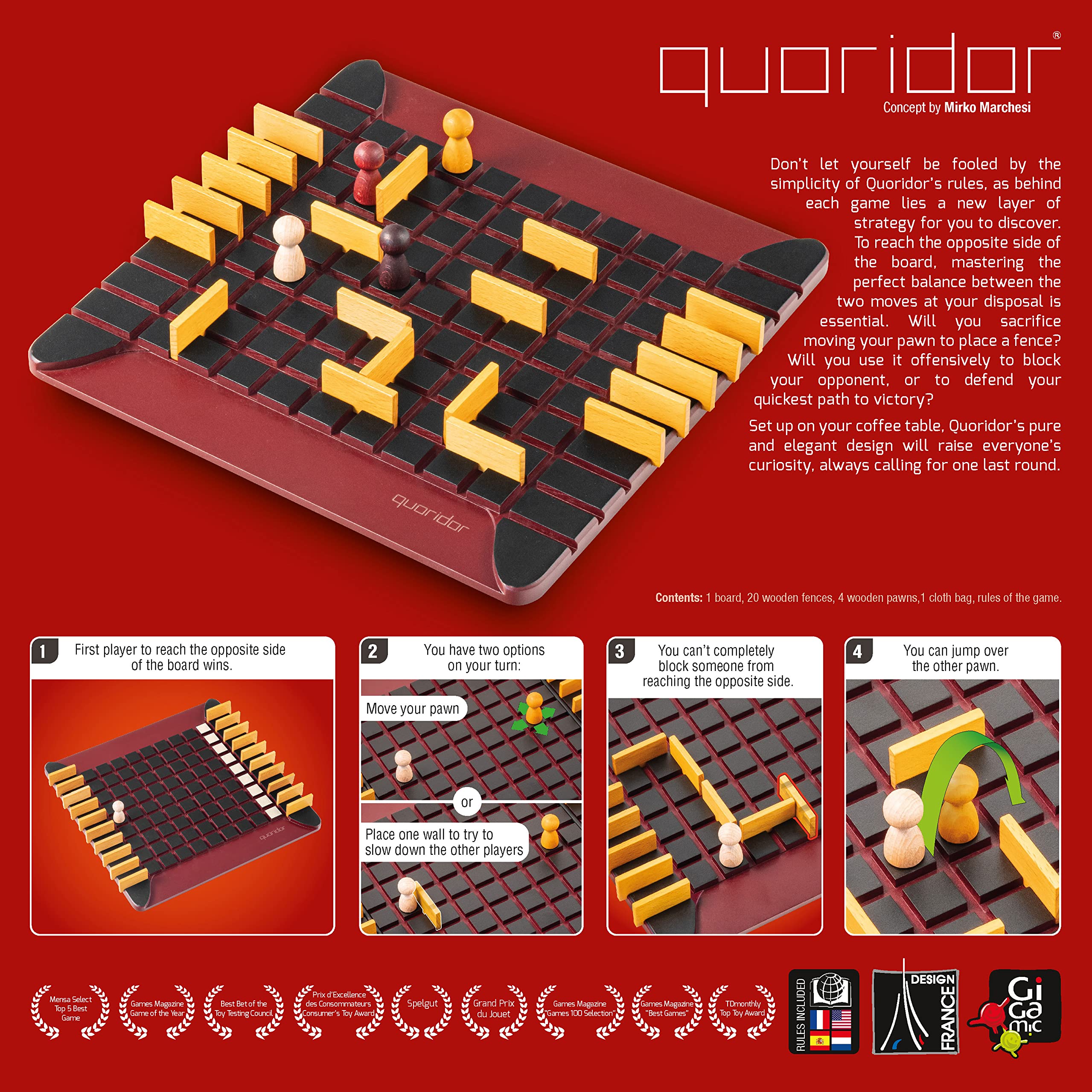 Quoridor | Abstract Strategy Game for Adults and Familes | Ages 8+ | 2 to 4 Players | 15 Minutes