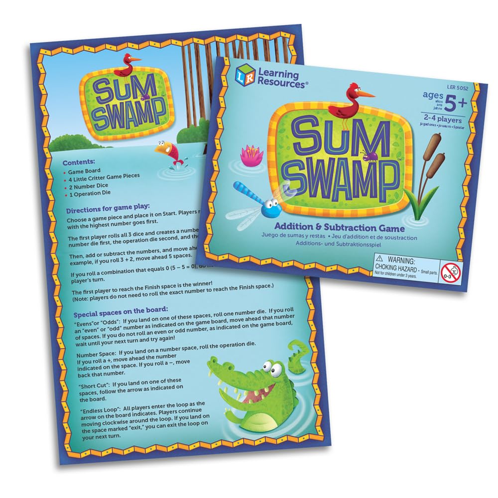 Learning Resources Sum Swamp Game Addition & Subtraction Game - 8 Pieces, Ages 5+, Math Games for Kids, Educational Kids Games, Kindergarten Math Board Games Gifts for Boys and Girls