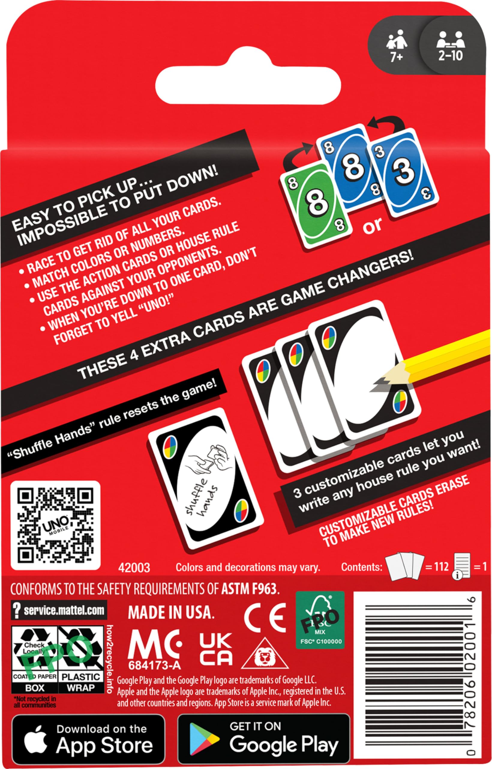 Mattel Games UNO Card Game, Multi, 8 x 3-3/4 x 81/100 in (42003)