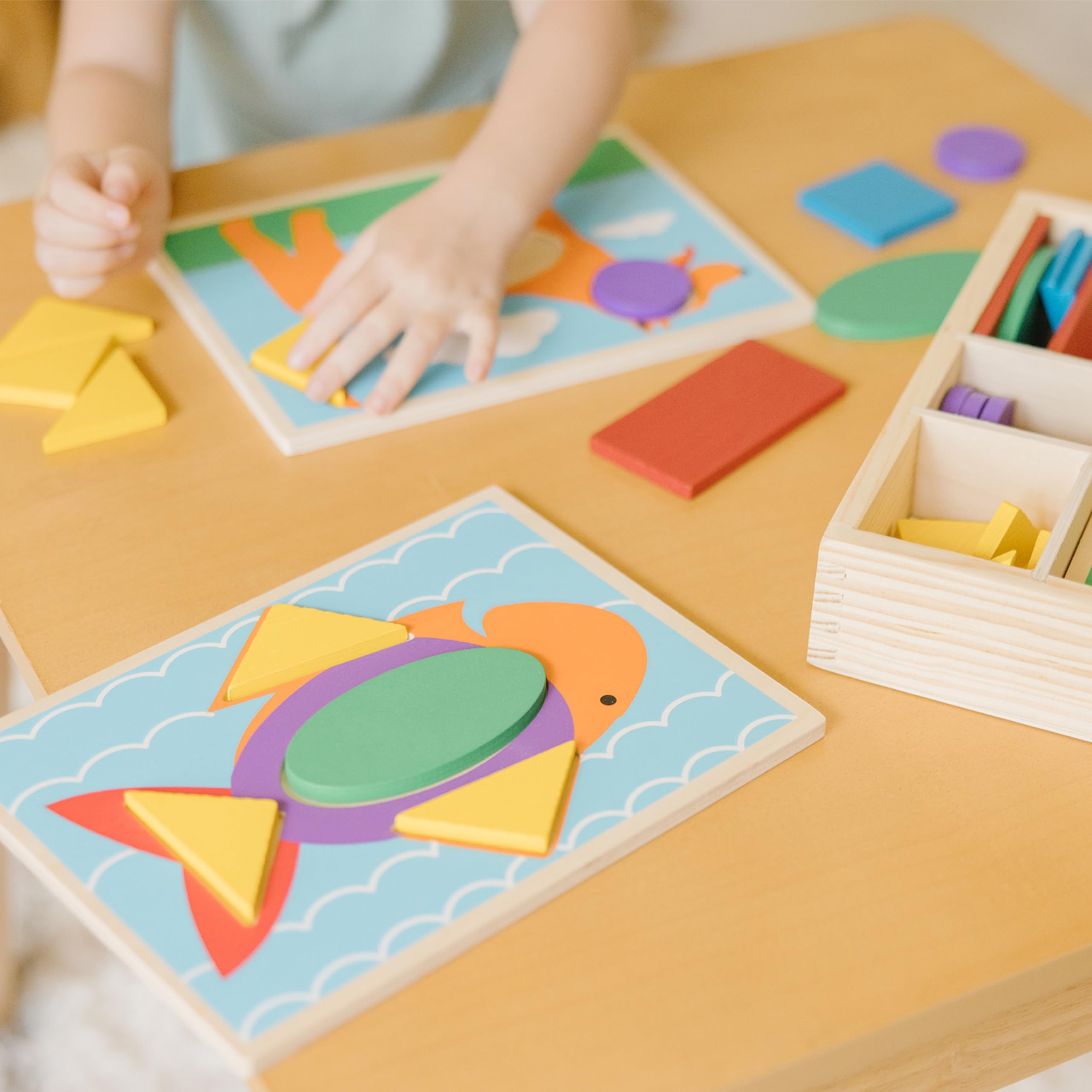 Melissa & Doug Beginner Wooden Pattern Blocks Educational Toy With 5 Double-Sided Scenes and 30 Shapes