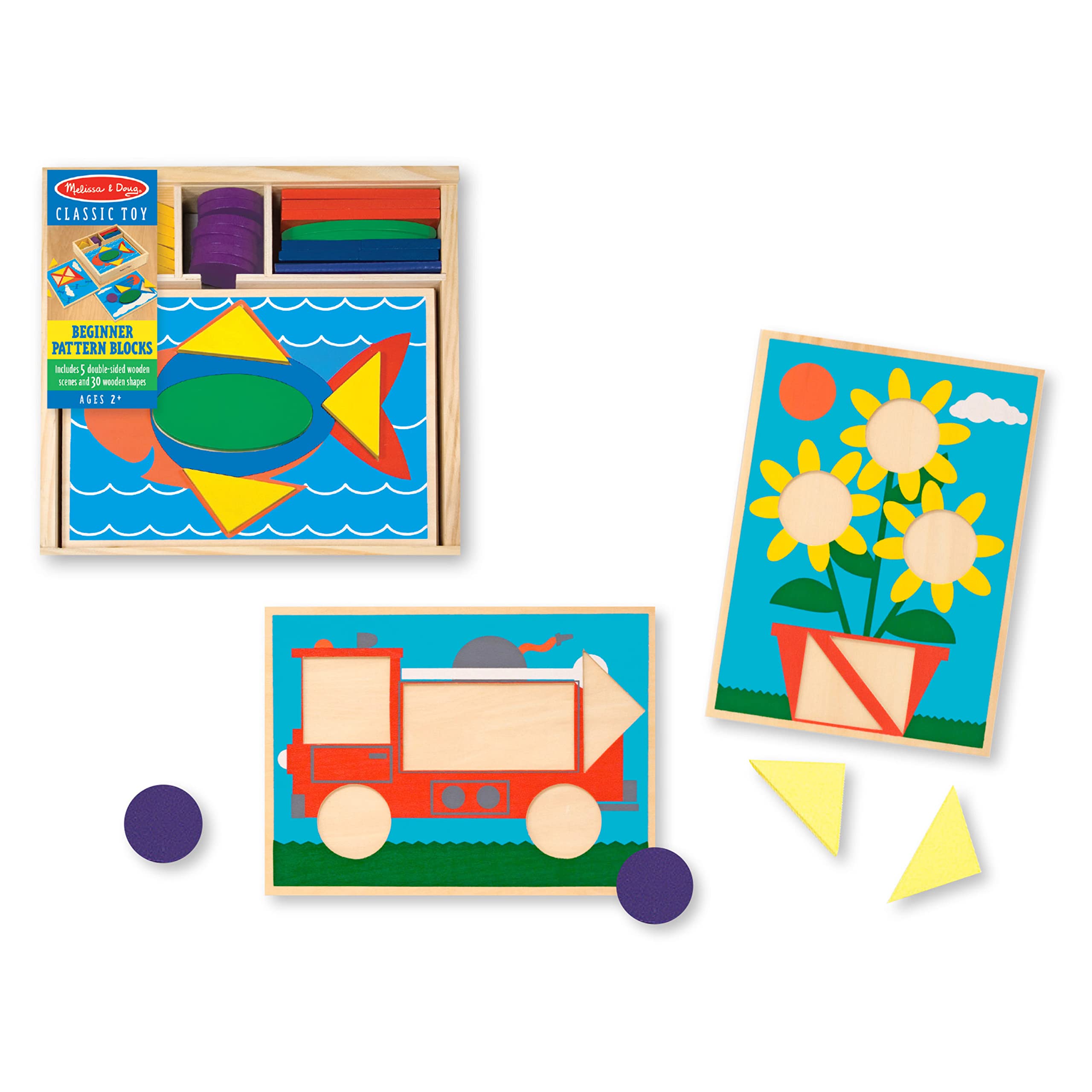 Melissa & Doug Beginner Wooden Pattern Blocks Educational Toy With 5 Double-Sided Scenes and 30 Shapes