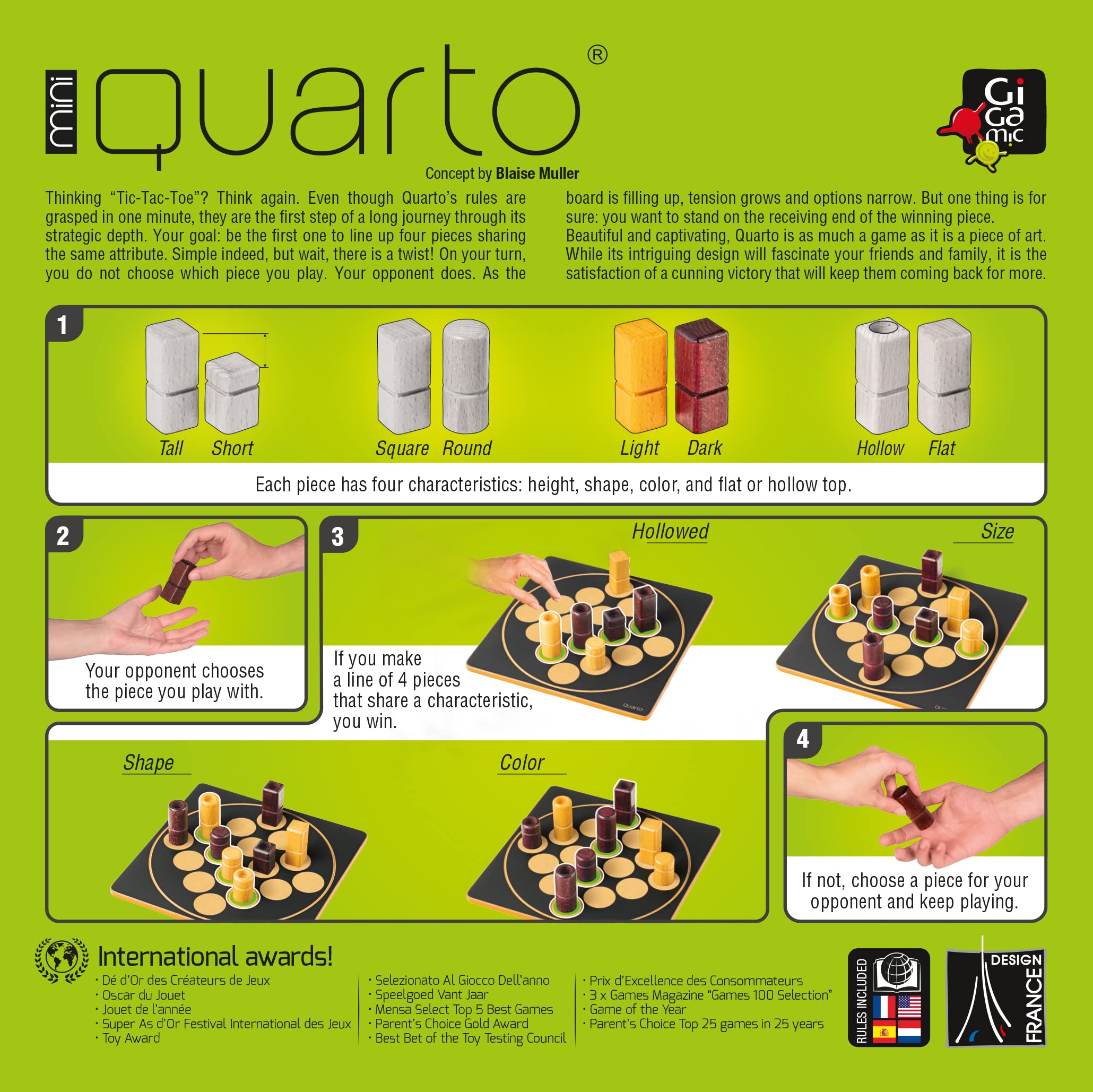 Quarto Mini | Travel-Friendly Strategy Game for Adults and Families | Ages 8+ | 2 Players | 15 Minutes