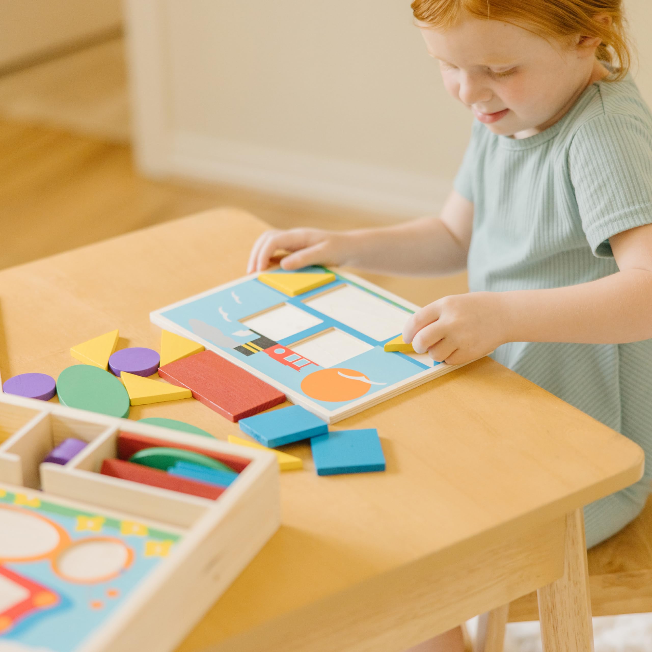 Melissa & Doug Beginner Wooden Pattern Blocks Educational Toy With 5 Double-Sided Scenes and 30 Shapes