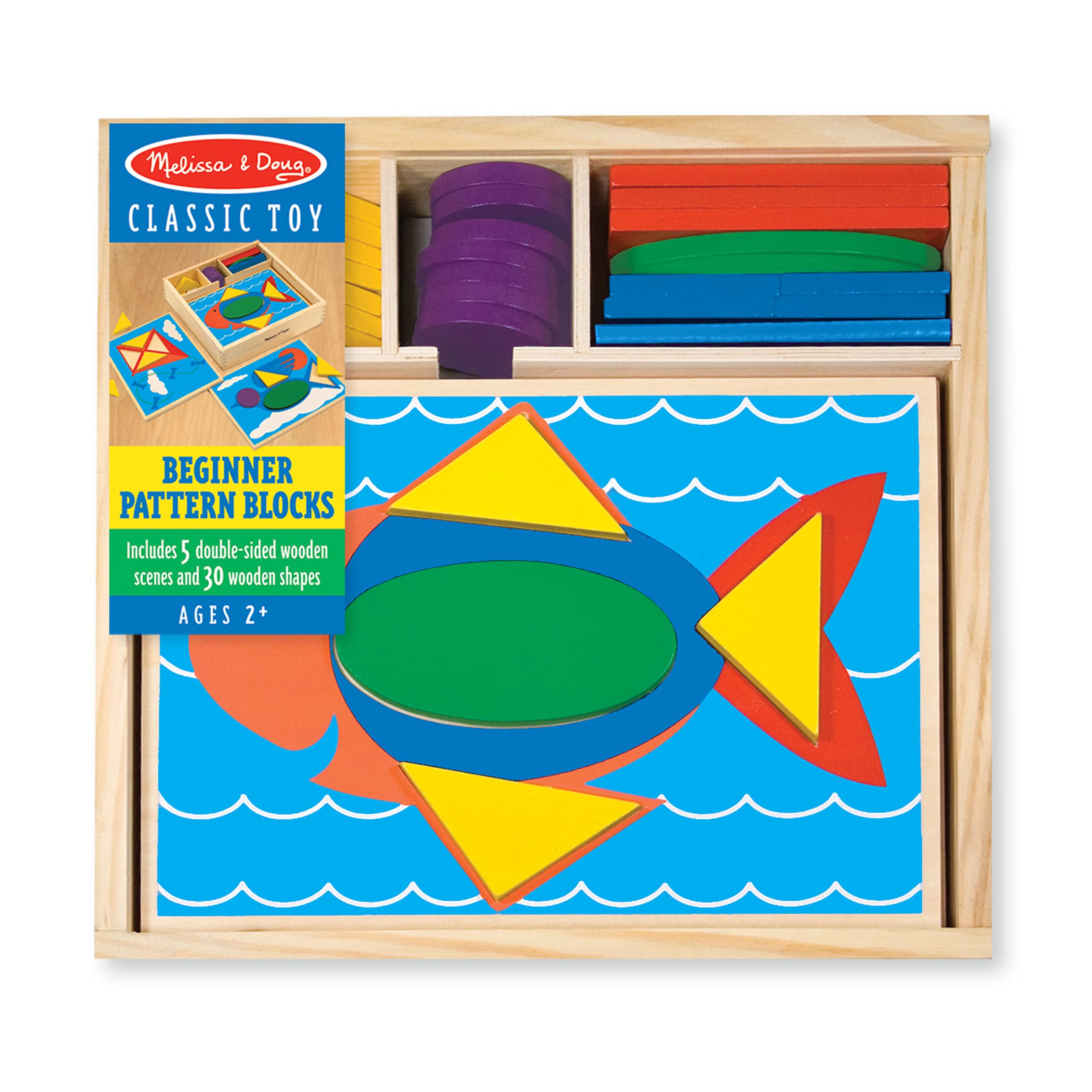 Melissa & Doug Beginner Wooden Pattern Blocks Educational Toy With 5 Double-Sided Scenes and 30 Shapes