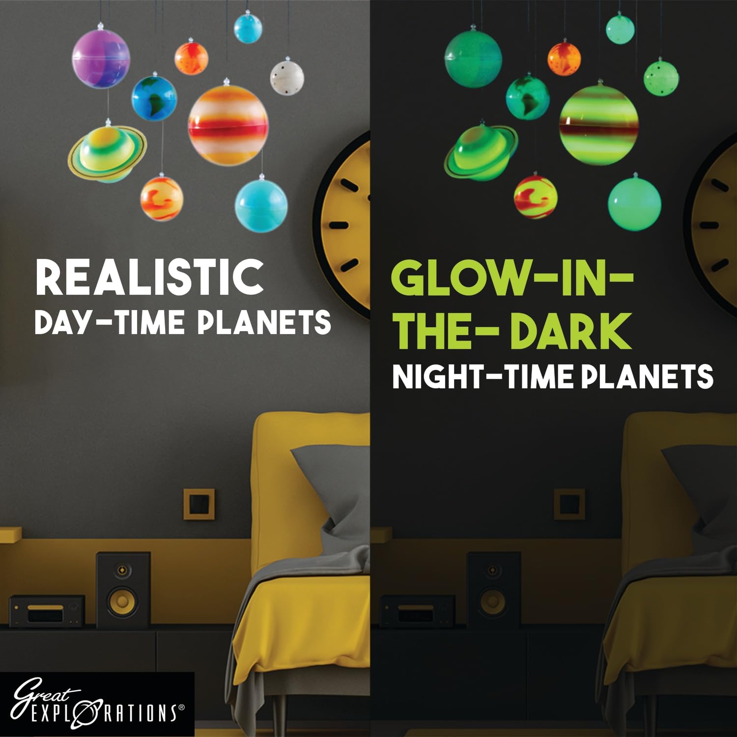 Great Explorations | 3-D Solar System Glow In The Dark Ceiling Hanging Kit 3D Planets and Star Stickers Create the Milky Way Teach Science STEM