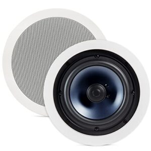 polk audio rc80i 2-way premium in-ceiling 8" round speakers, set of 2 perfect for damp and humid indoor/outdoor placement - bath, kitchen, covered porches (white, paintable-grille)