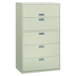 hon 5-drawer filing cabinet - 600 series lateral or legal filing cabinet, 42w by 19-1/4d, 5-drawer, light gray (h695)