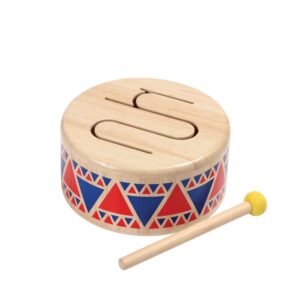 plantoys solid drum toddler musical instrument - sustainably made from rubberwood featuring organic-pigment coloring and water-based dyes featuring drumstick with rubber head