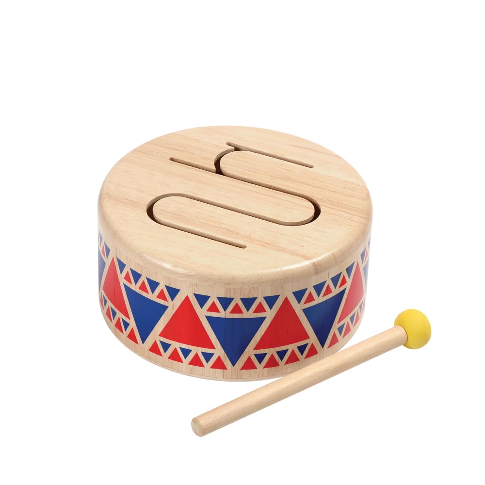 PlanToys Solid Drum Toddler Musical Instrument - Sustainably Made from Rubberwood Featuring Organic-Pigment Coloring and Water-Based Dyes Featuring Drumstick with Rubber Head