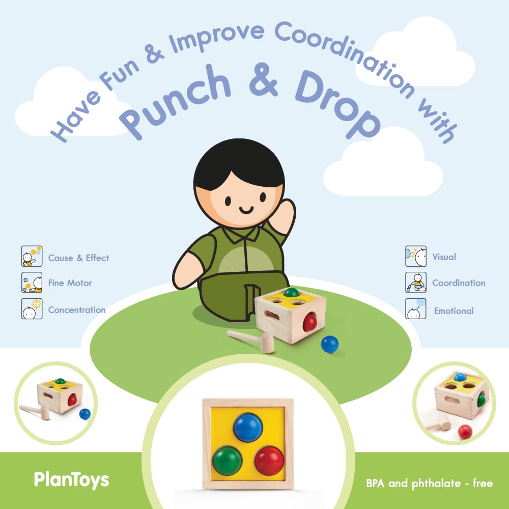 PlanToys Wooden Punch & Drop Pounding Bench (9424) | Sustainably Made from Rubberwood and Non-Toxic Paints and Dyes