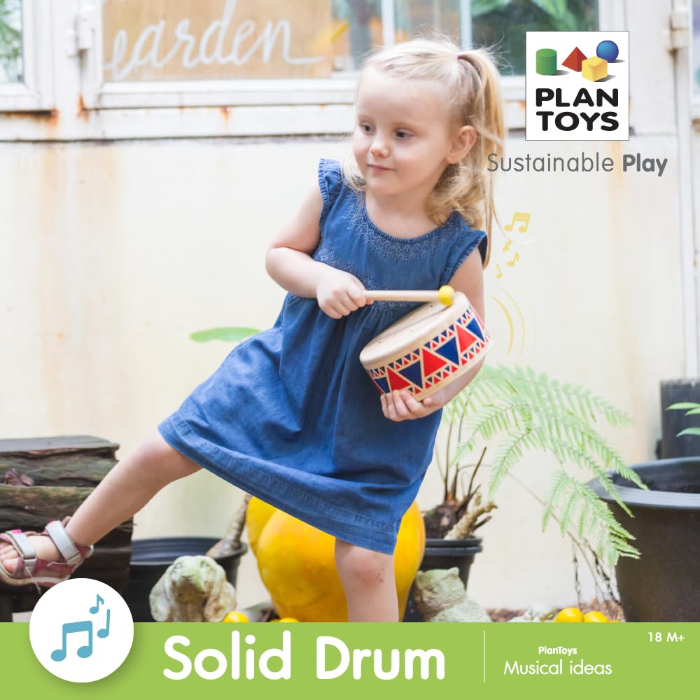 PlanToys Solid Drum Toddler Musical Instrument - Sustainably Made from Rubberwood Featuring Organic-Pigment Coloring and Water-Based Dyes Featuring Drumstick with Rubber Head