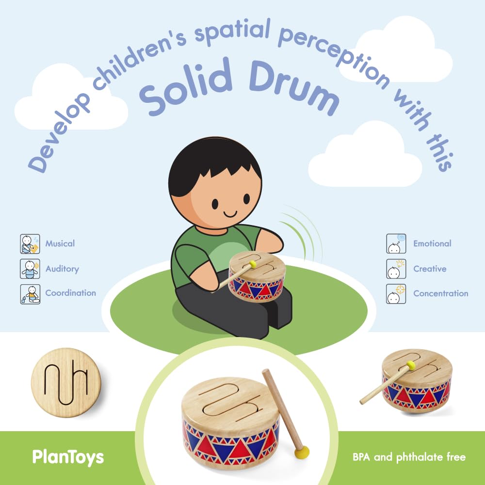 PlanToys Solid Drum Toddler Musical Instrument - Sustainably Made from Rubberwood Featuring Organic-Pigment Coloring and Water-Based Dyes Featuring Drumstick with Rubber Head