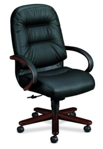 hon pillow-soft leather executive high-back chair - wood series office chair with arms, mahogany/black leather (h2191)