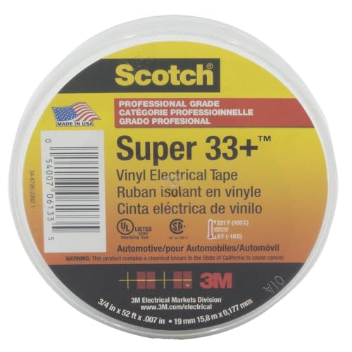 3M Scotch Super 33+ Electrical Tape - 3/4 in x 52 ft, Premium Grade All-Weather Vinyl, Resistant to Abrasion, Moisture, Corrosion, Alkalies - Black, 1 Roll