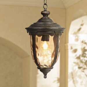 john timberland bellagio european outdoor ceiling light hanging bronze brown 18" champagne hammered glass damp rated for exterior house porch patio outside deck garage front door garden home