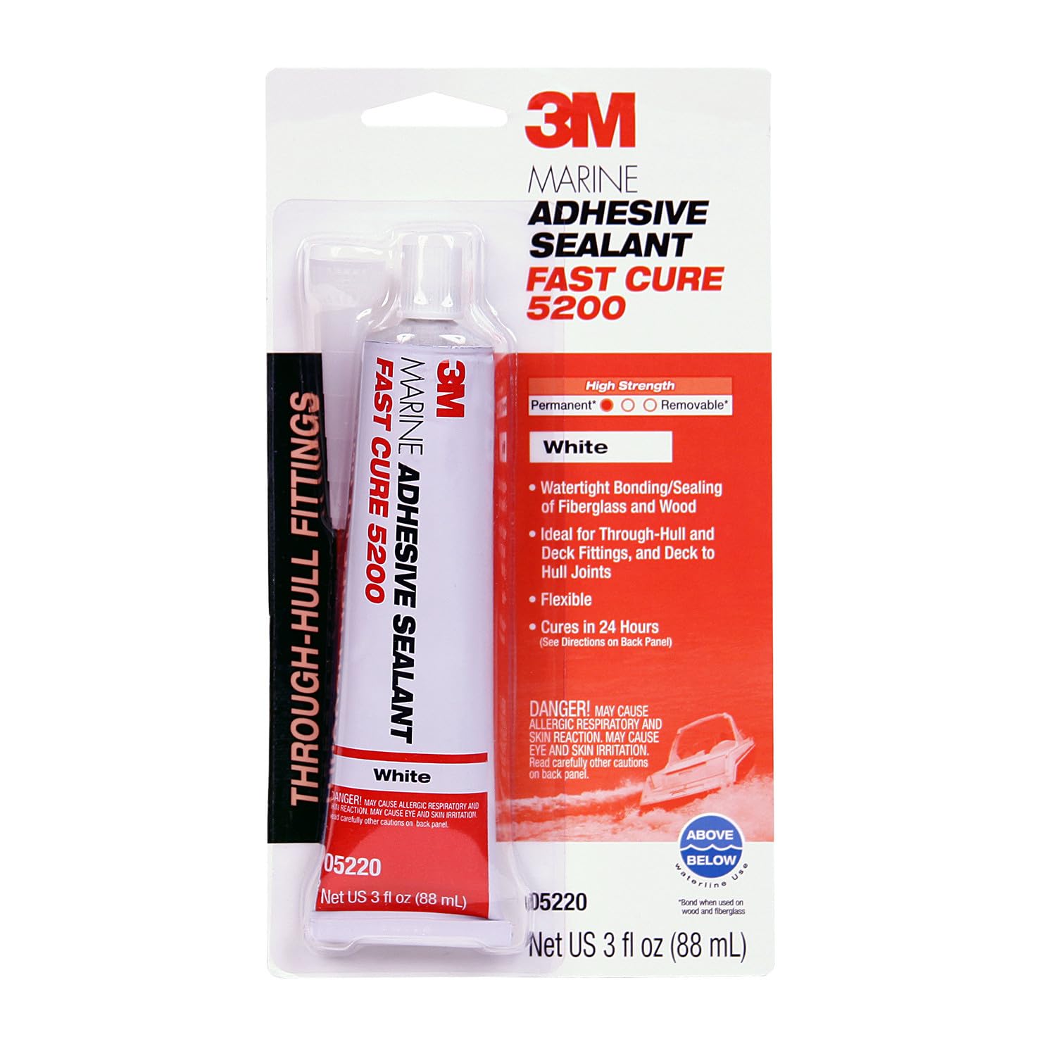 3M Marine Adhesive Sealant Fast Cure 5200 (05220) Permanent Bonding and Sealing for Boats and RVs Above and Below the Waterline Waterproof Repair, White, 3 fl oz Tube