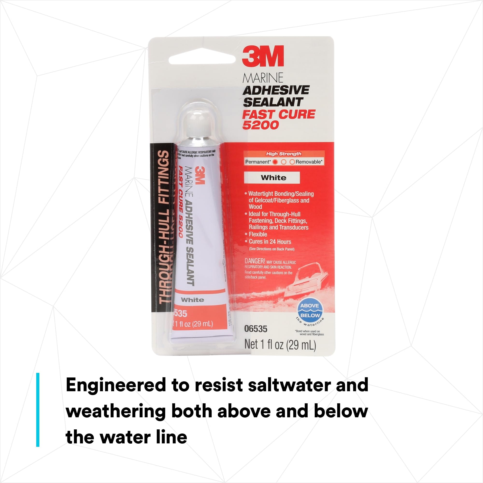 3M Marine Adhesive Sealant Fast Cure 5200 (05220) Permanent Bonding and Sealing for Boats and RVs Above and Below the Waterline Waterproof Repair, White, 3 fl oz Tube