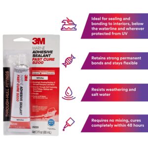 3M Marine Adhesive Sealant Fast Cure 5200 (05220) Permanent Bonding and Sealing for Boats and RVs Above and Below the Waterline Waterproof Repair, White, 3 fl oz Tube