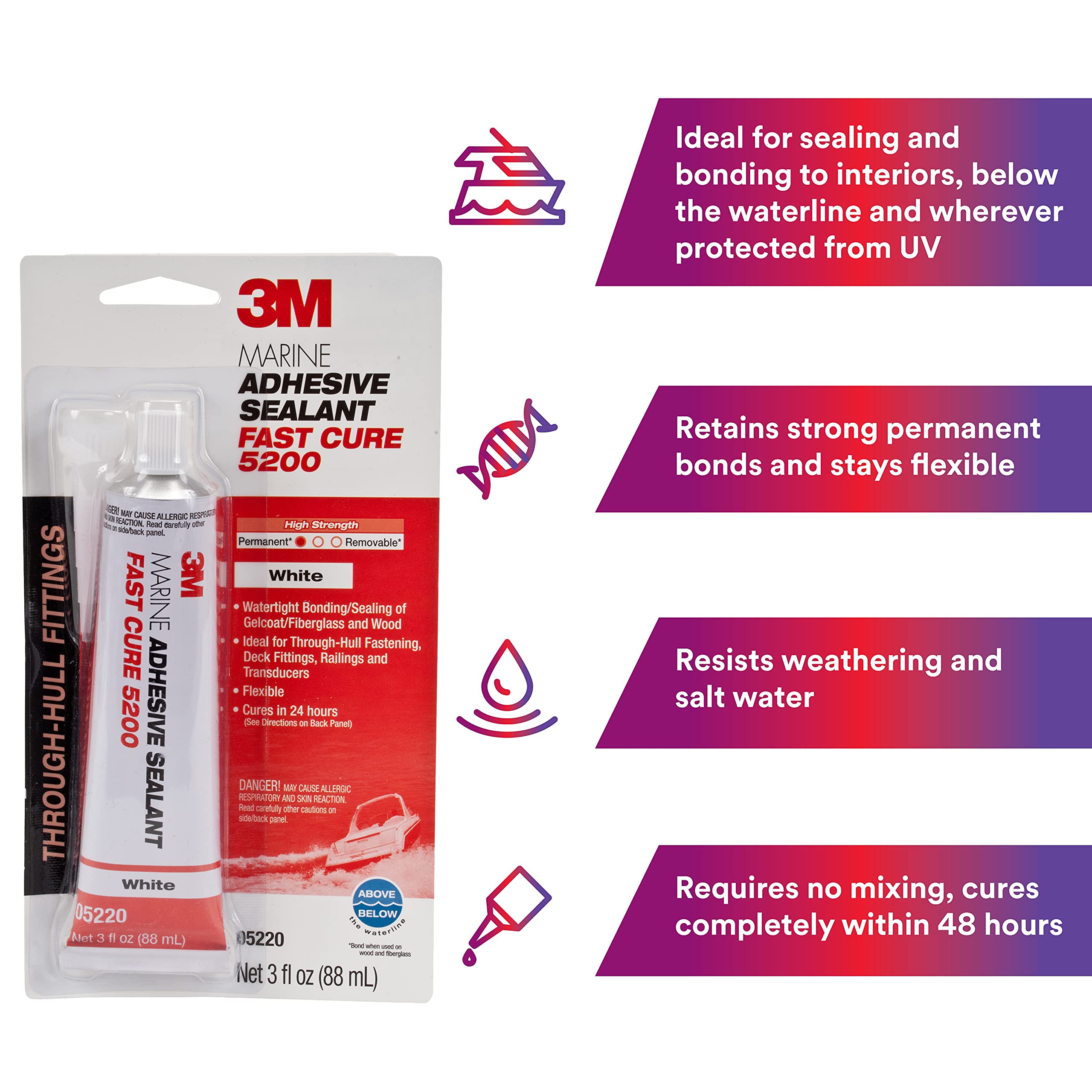 3M Marine Adhesive Sealant Fast Cure 5200 (05220) Permanent Bonding and Sealing for Boats and RVs Above and Below the Waterline Waterproof Repair, White, 3 fl oz Tube