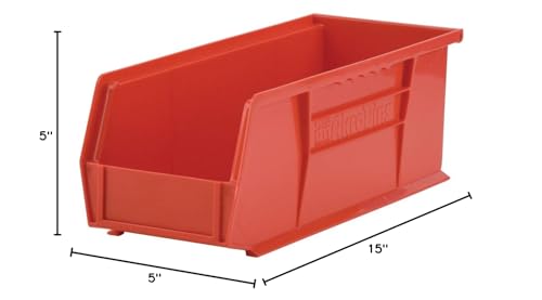 Akro-Mils 30234 AkroBins Plastic Storage Bins, Space-Saving Stackable Bins, Garage Organization Bins, Pantry Organization, Craft Storage, 15-Inch x 5-Inch x 5-Inch, Red, 12-Pack