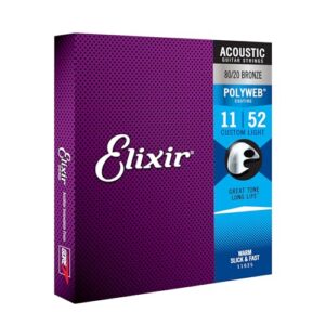 elixir strings, acoustic guitar strings, 80/20 bronze with polyweb coating, longest-lasting warm tone with comfortable feel, 6 string set, custom light 11-52