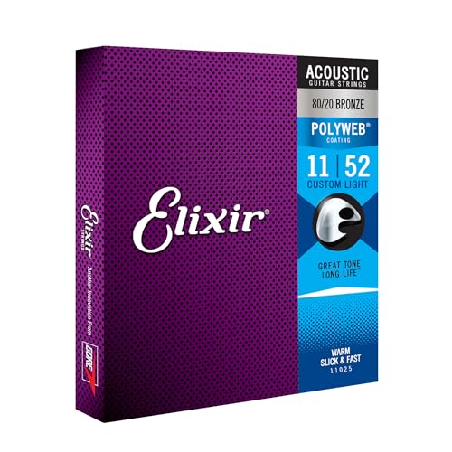 Elixir Strings, Acoustic Guitar Strings, 80/20 Bronze with POLYWEB Coating, Longest-Lasting Warm Tone with Comfortable Feel, 6 String Set, Custom Light 11-52