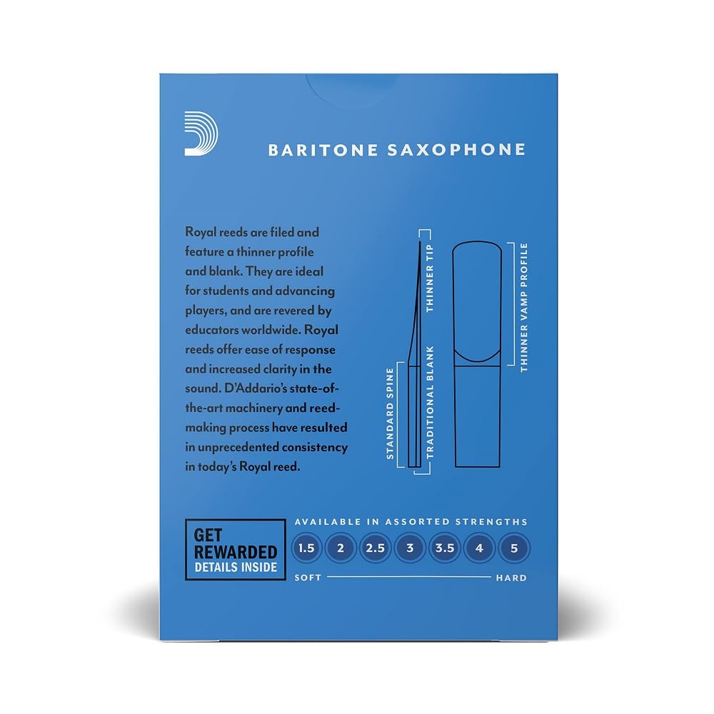 D'Addario Woodwinds - Royal Baritone Saxophone Reeds - Baritone Sax Reeds with Strong Spine - Great for Classical or Jazz - Strength 3.0