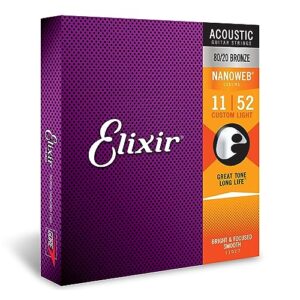 elixir strings 80/20 bronze acoustic guitar strings w nanoweb coating, custom light (.011-.052)