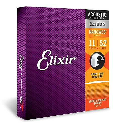 Elixir Strings 80/20 Bronze Acoustic Guitar Strings w NANOWEB Coating, Custom Light (.011-.052)