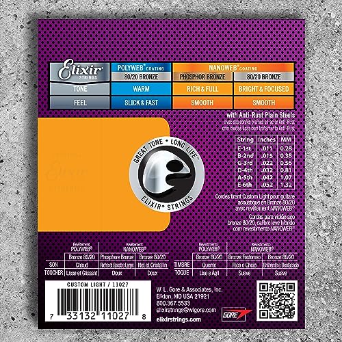 Elixir Strings 80/20 Bronze Acoustic Guitar Strings w NANOWEB Coating, Custom Light (.011-.052)