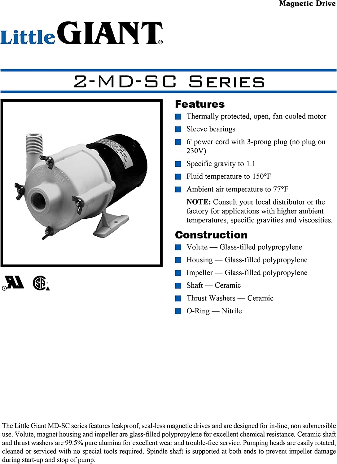 Little Giant 115 Volt, 1/25 HP, 510 GPH 2-MD-SC Non-Submersible Semi-Corrosive Chemical Magnetic Drive Pump, 6-Foot Cord with Plug, Black/White, 580503