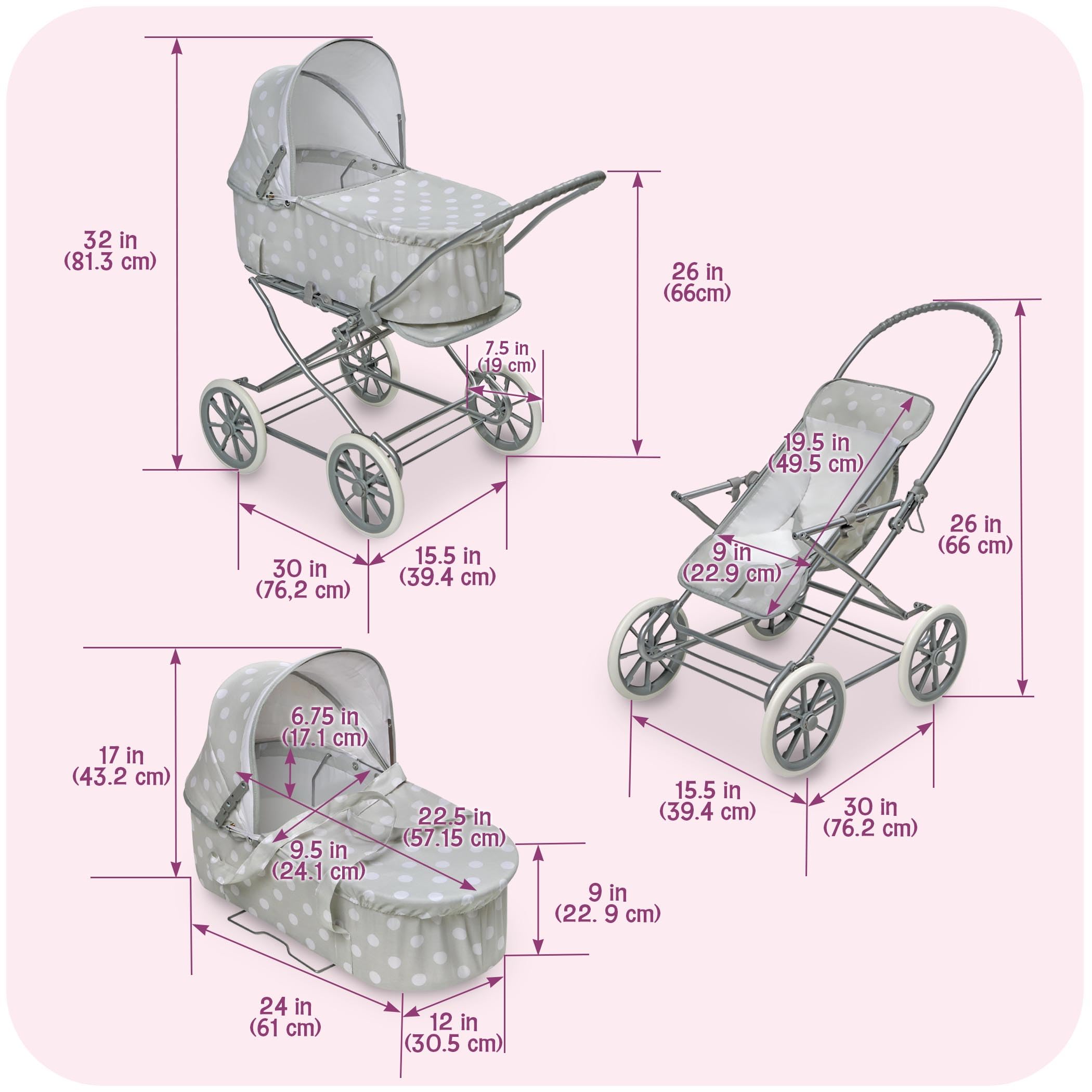 Badger Basket English Style Doll Stroller – Fits 18 to 22-inch Dolls, Classic Pretend Play Toy with Adjustable Canopy