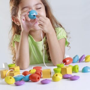 PlanToys Wooden Lacing Beads (5353) | Sustainably Made from Rubberwood and Non-toxic Paints and Dyes