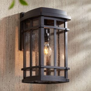 john timberland neri mission industrial box-shaped outdoor wall light fixture oil rubbed bronze 16" clear seedy glass for exterior house porch patio outside deck front door garage garden home