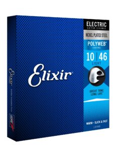 elixir strings, electric guitar strings, nickel plated steel with polyweb coating, longest-lasting warm tone with comfortable feel, 6 string set, light 10-46