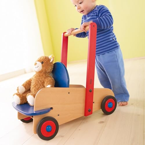 HABA Walker Wagon - Wooden Baby Push Walker, Sit to Stand Walker for Baby Learning to Walk, Push Toys for Toddlers 1-3 with Seat & Storage, 10 Months+