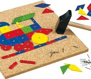 HABA Geo Shape Tack Zap Play Set - Make Geometric Designs with Corkboard, Hammer, Templates and 50 Wooden Tiles (Made in Germany)