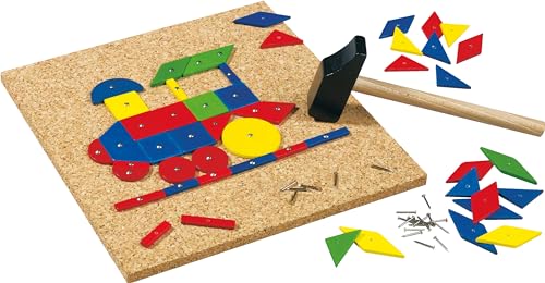 HABA Geo Shape Tack Zap Play Set - Make Geometric Designs with Corkboard, Hammer, Templates and 50 Wooden Tiles (Made in Germany)