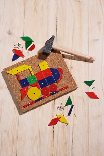 HABA Geo Shape Tack Zap Play Set - Make Geometric Designs with Corkboard, Hammer, Templates and 50 Wooden Tiles (Made in Germany)