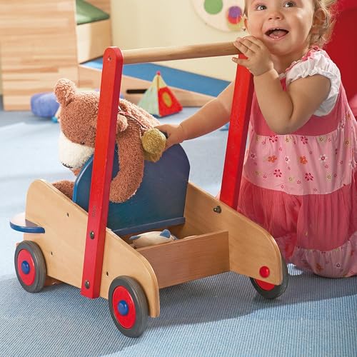 HABA Walker Wagon - Wooden Baby Push Walker, Sit to Stand Walker for Baby Learning to Walk, Push Toys for Toddlers 1-3 with Seat & Storage, 10 Months+