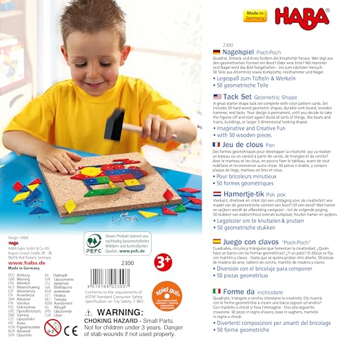 HABA Geo Shape Tack Zap Play Set - Make Geometric Designs with Corkboard, Hammer, Templates and 50 Wooden Tiles (Made in Germany)