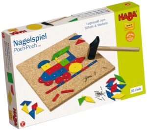 haba geo shape tack zap play set - make geometric designs with corkboard, hammer, templates and 50 wooden tiles (made in germany)